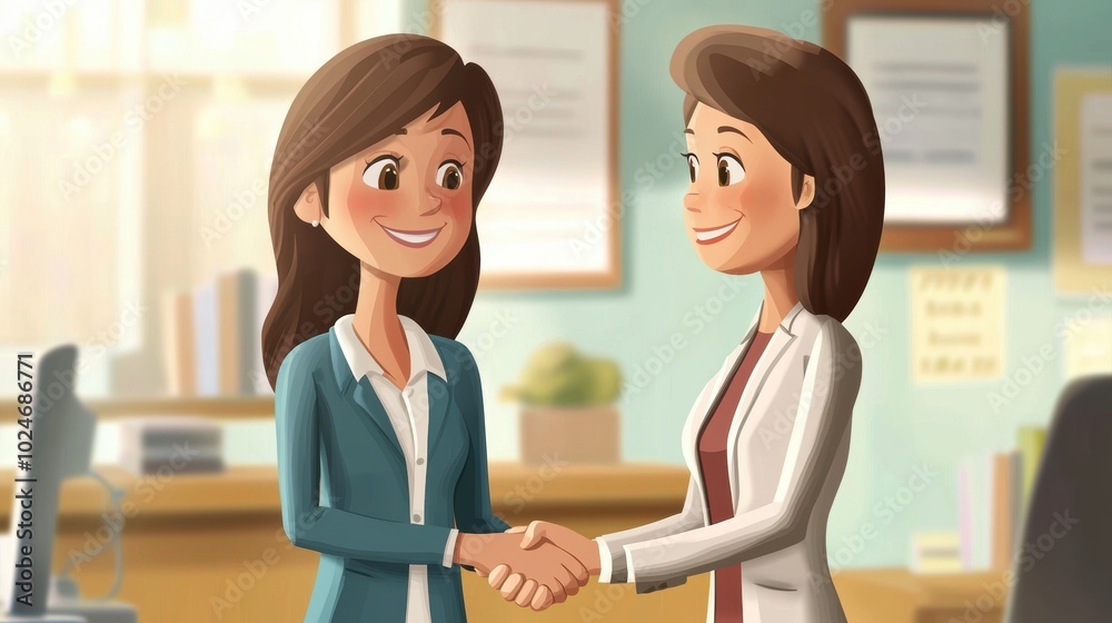 2D cartoon businesswoman shaking hands with a new client, in a ...