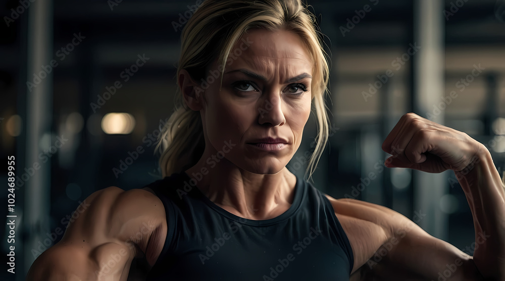 Muscular Female Bodybuilder Flexing in Gym with Intense Focus Stock ...