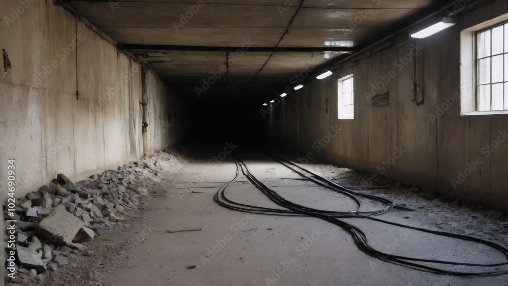 Abandoned Underground Railway Tunnel with Loose Wires: A dimly lit ...