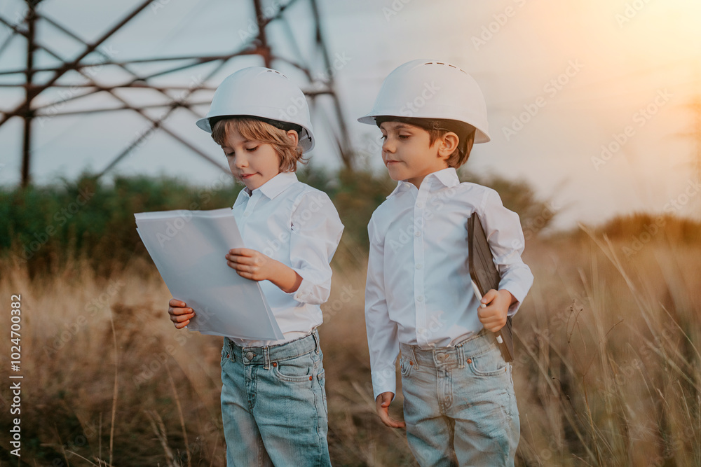 Little kids playing as engineers or managers with safety helmets, using ...