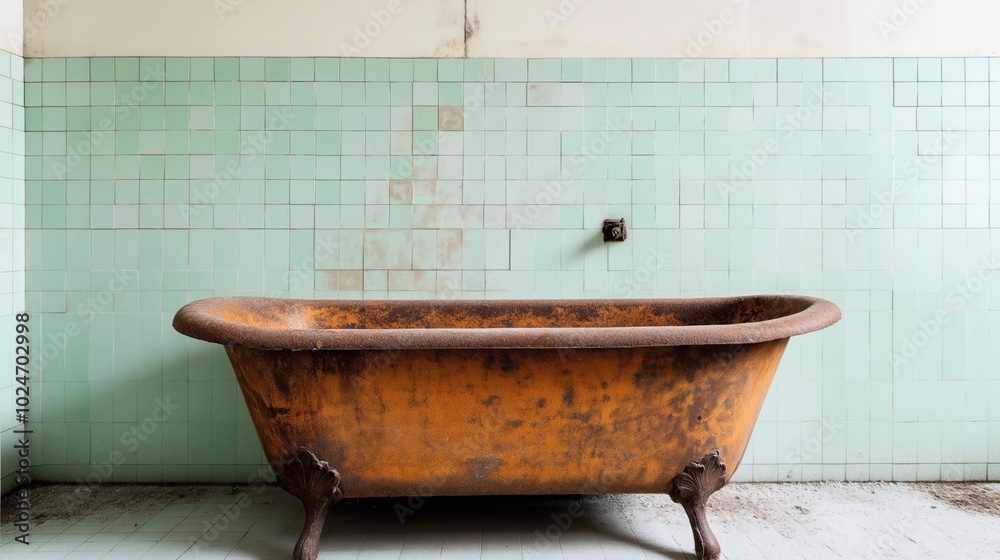 Old rusty clawfoot bathtub in a tiled bathroom with faded green tiles ...