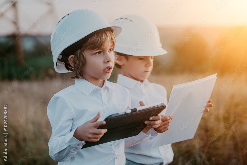 Little kids playing as engineers or managers with safety helmets, using ...