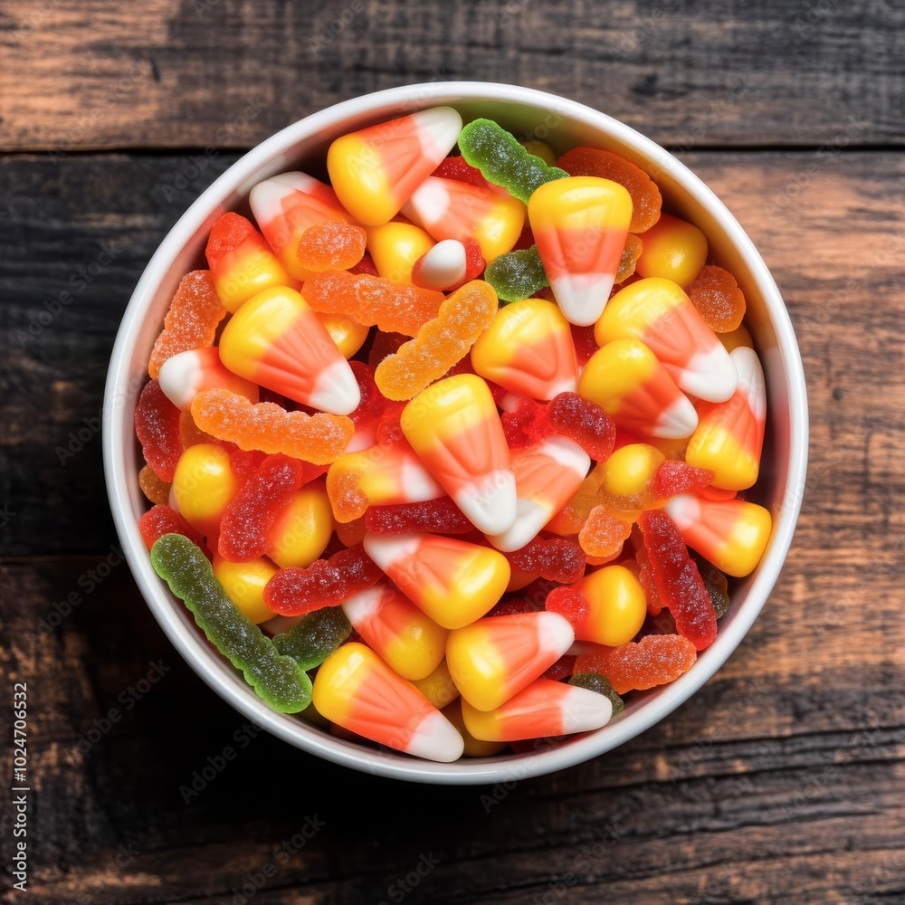 Bowl of candy corn and gummy worms on a rustic table, Halloween candy ...