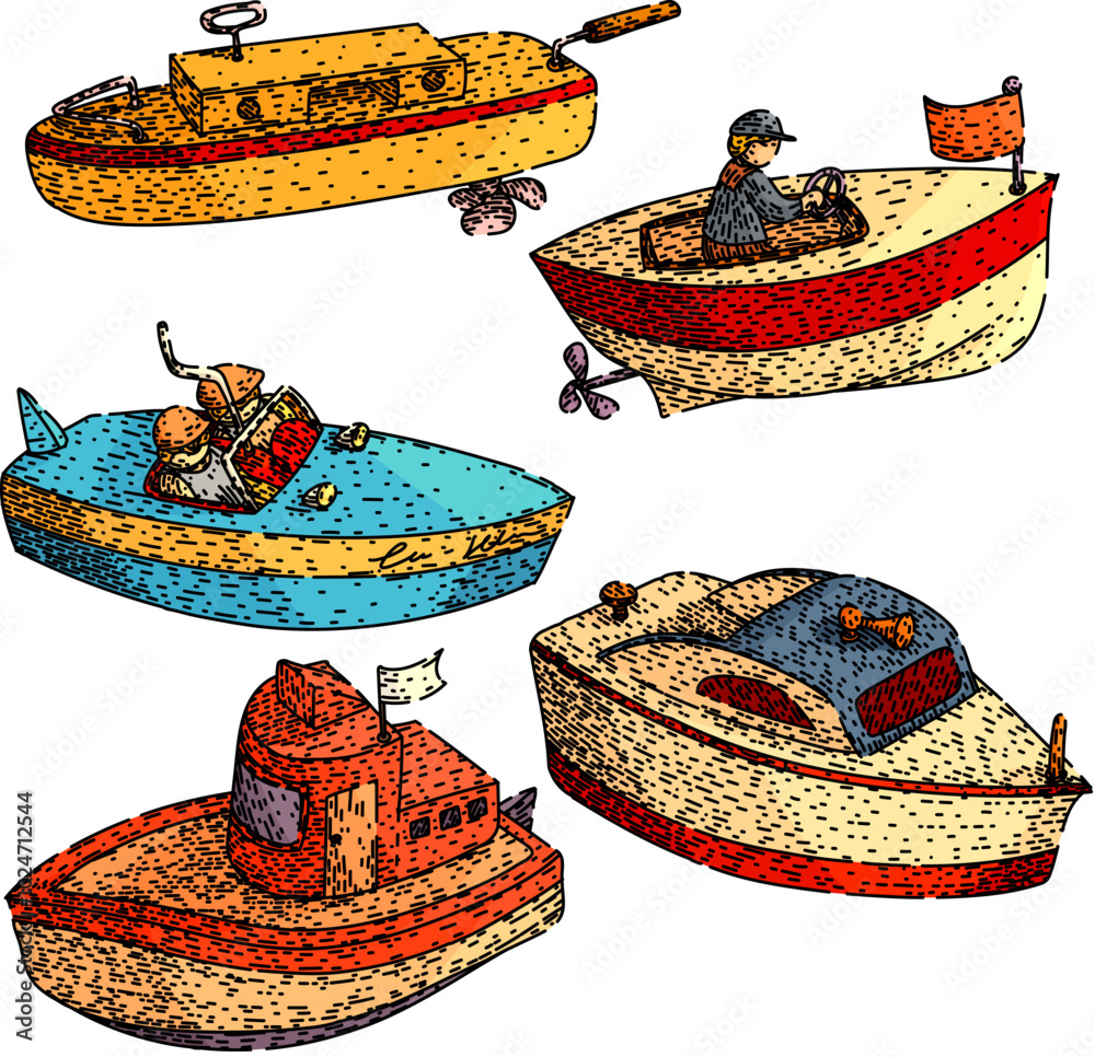 toy boat set hand drawn. dinghy raft, cruiser tug, catamaran paddle toy ...