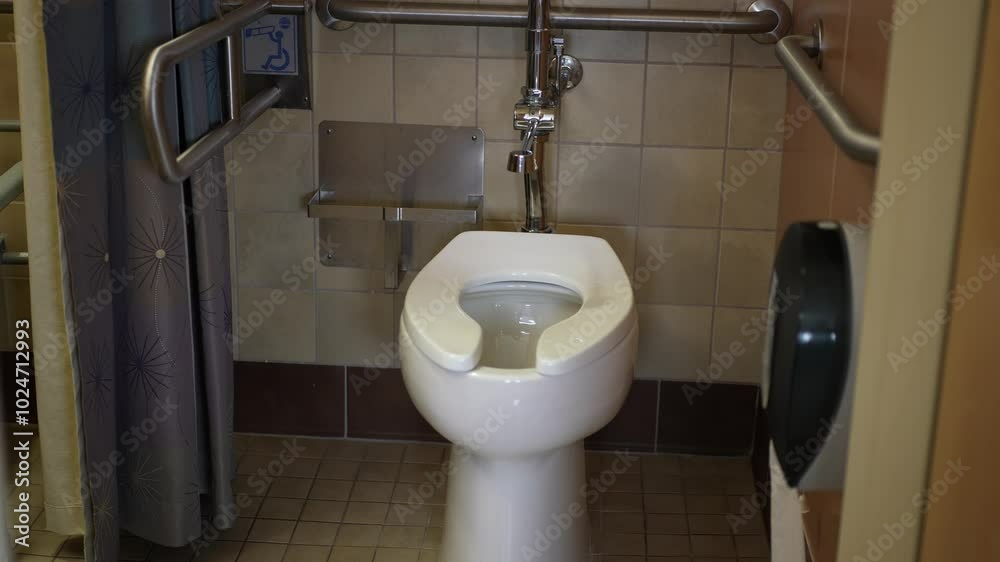 A white toilet with a raised seat is in an accessible bathroom stall ...