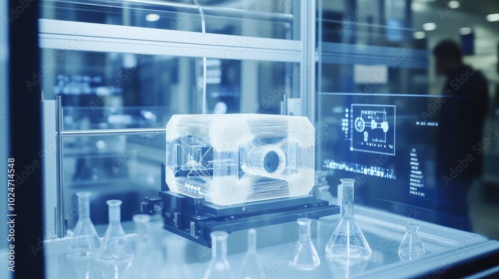 Sleek laboratory with a 3D printer at work, test tubes and beakers ...