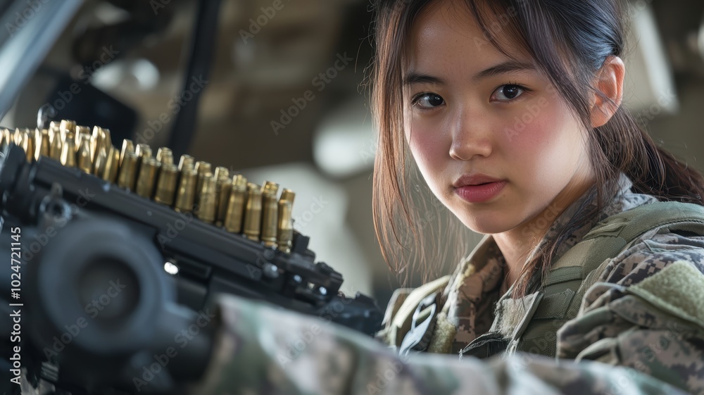 A determined female soldier in tactical gear operates a heavy machine ...