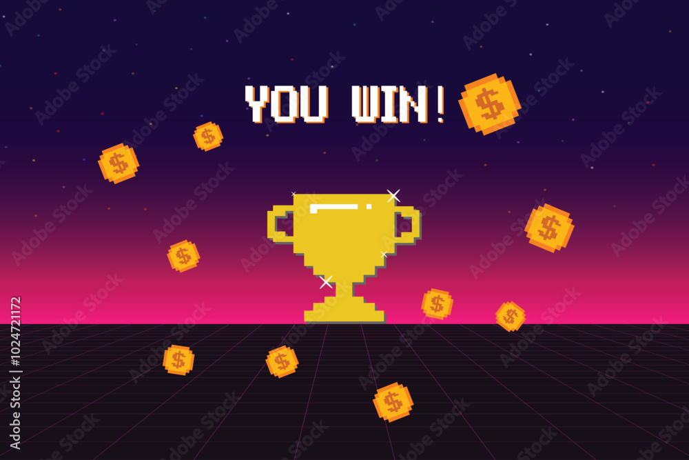 8-bit pixel art with text "You Win" and a big golden cup and gold coin ...