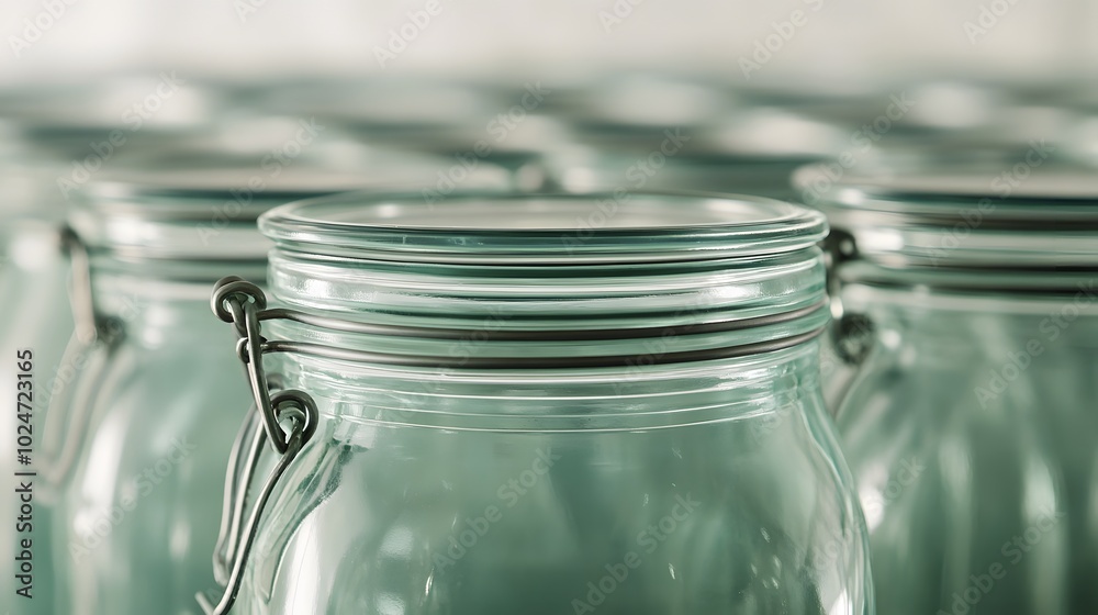 Glass mason jars arranged in multiple rows offer a clean and organized ...