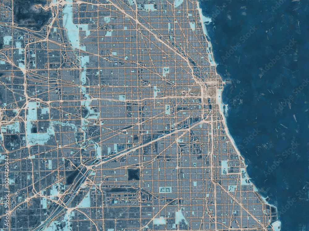 Painterly Style City Map of Chicago Illinois, USA in a Blue Color ...