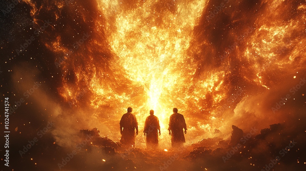 Depiction of Shadrach, Meshach, and Abednego standing firm in a fiery ...