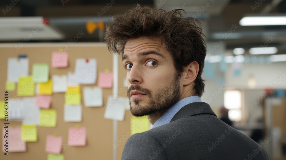 Professional man in office with bulletin board for corporate design and ...