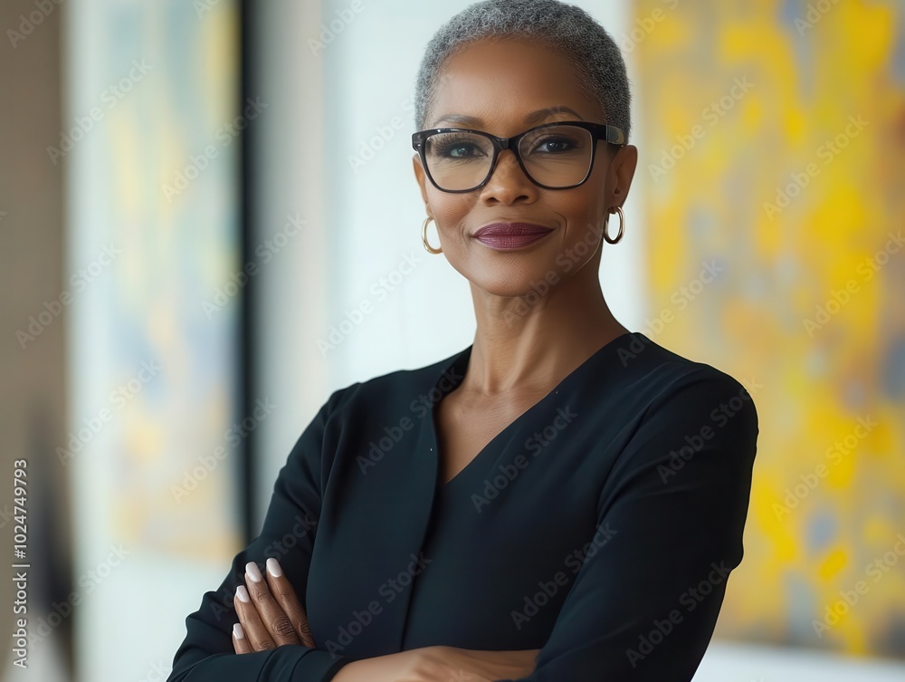 confident middle-aged black woman ceo wearing glasses, standing proudly ...
