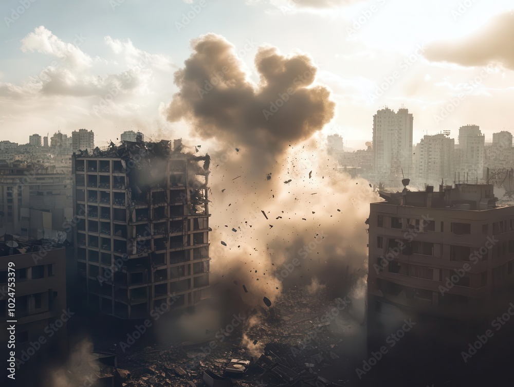 devastating airstrike in a cityscape, smoke billowing and buildings ...