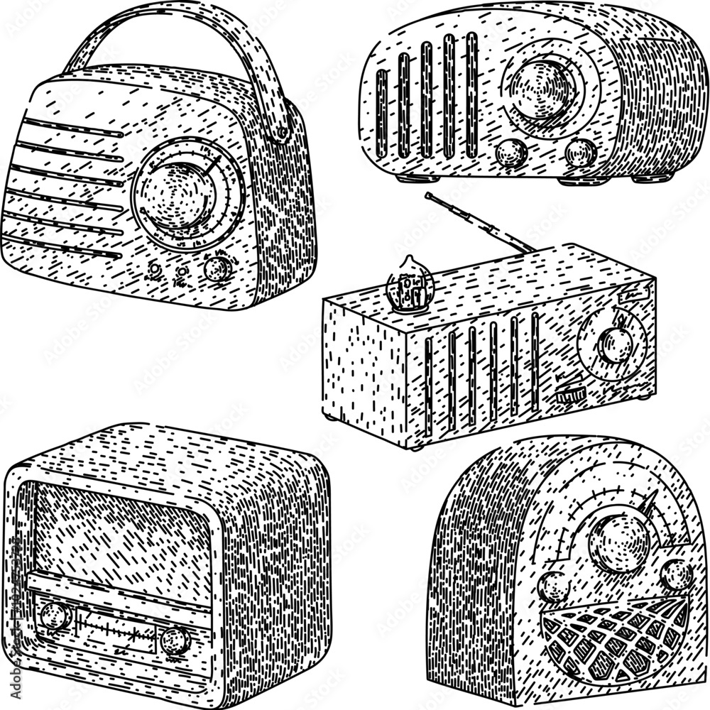 Vetor de retro radio set hand drawn. classic analog, tuner broadcast ...