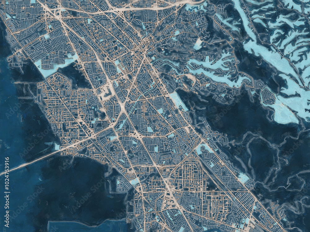 Painterly Style City Map of Hayward California, USA in a Blue Color ...