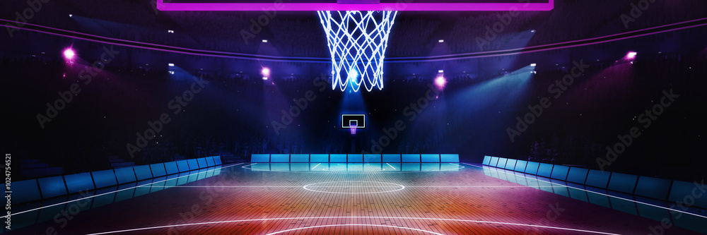 Basketball court in vibrant neon lights, with hoop above center of ...