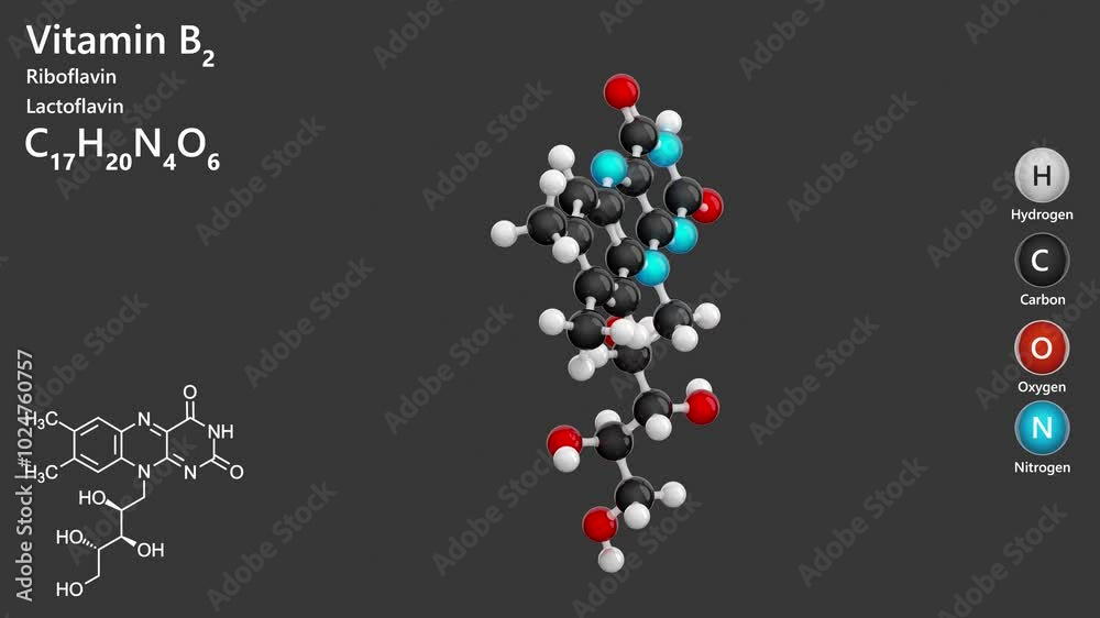Riboflavin or B2 vitamin. Animated 3d model of molecule. Molecular ...