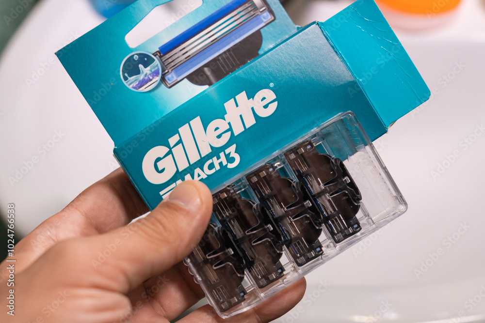 Batumi, Georgia - April 28 2024: Man holding gillette mach3 razor ...
