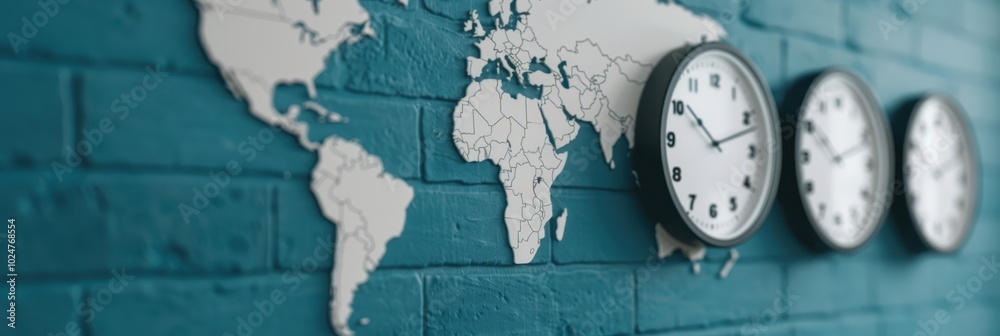 World map and clocks on a teal brick wall illustrating global time ...