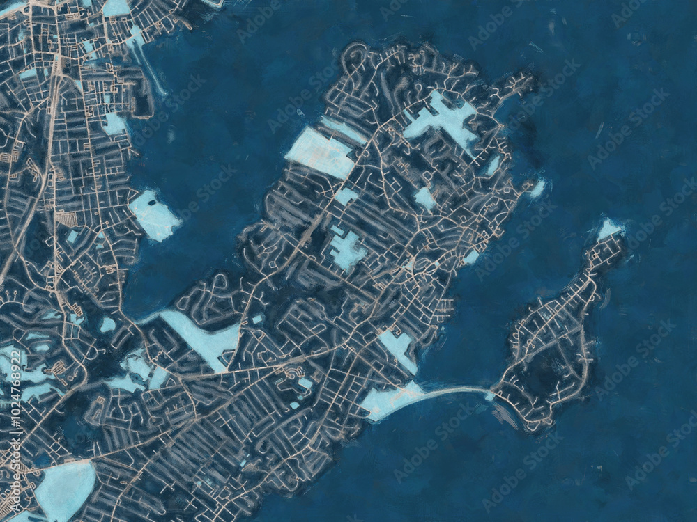 Painterly Style City Map of Marblehead Massachusetts, USA in a Blue ...