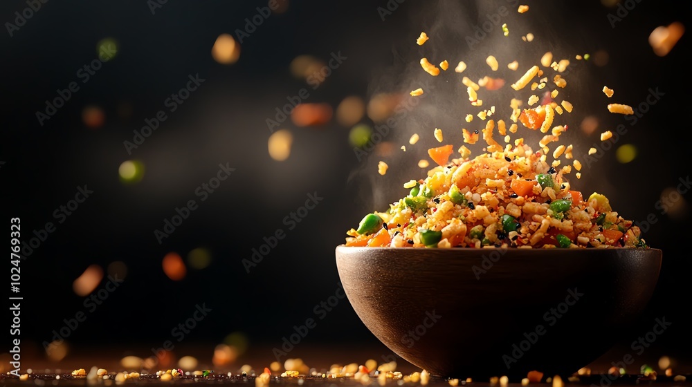 Colorful and crunchy sev puri topped with diced vegetables, chutneys ...