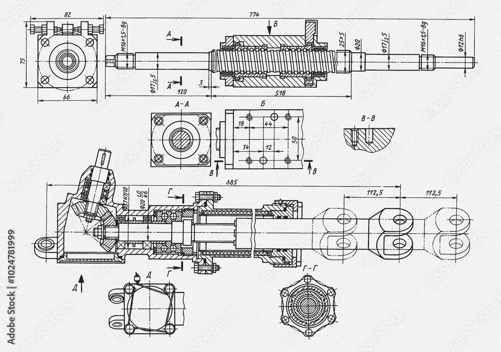 Shaft or screw with thread. Engineering mechanical drawing of steel ...