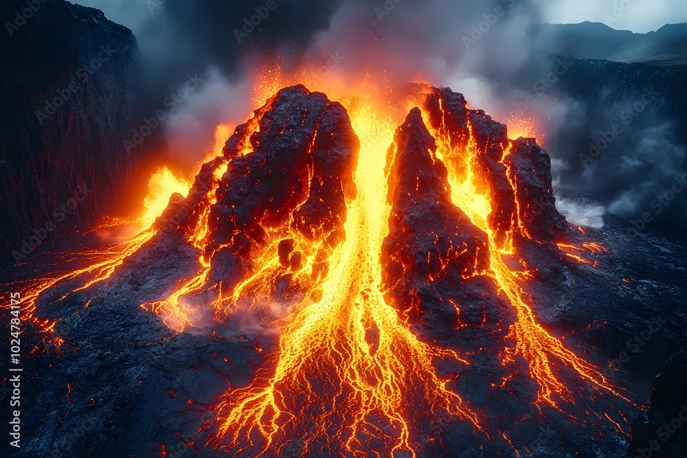 A fiery eruption of a volcano, glowing with molten lava and smoke ...