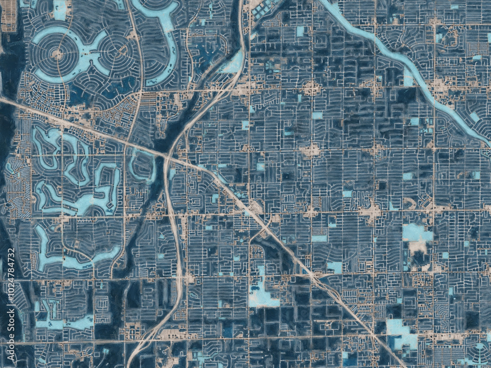 Painterly Style City Map of Peoria Arizona, USA in a Blue Color Scheme ...