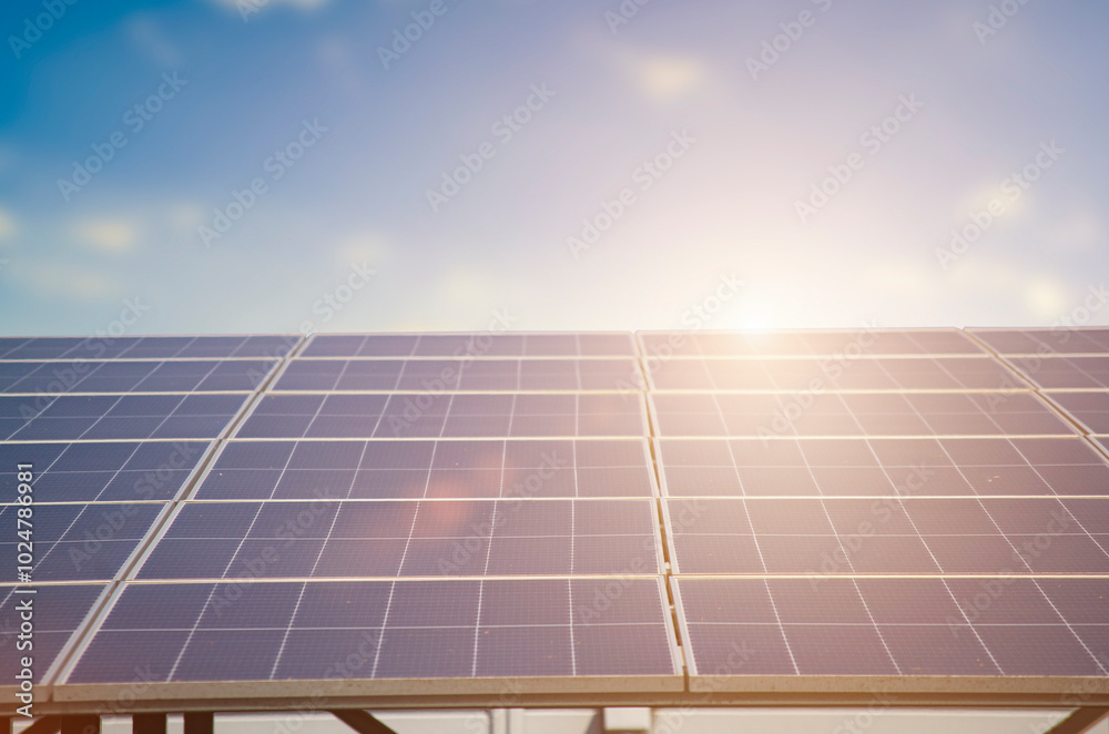 Solar panel against sunset sky background. photovoltaic power plant ...
