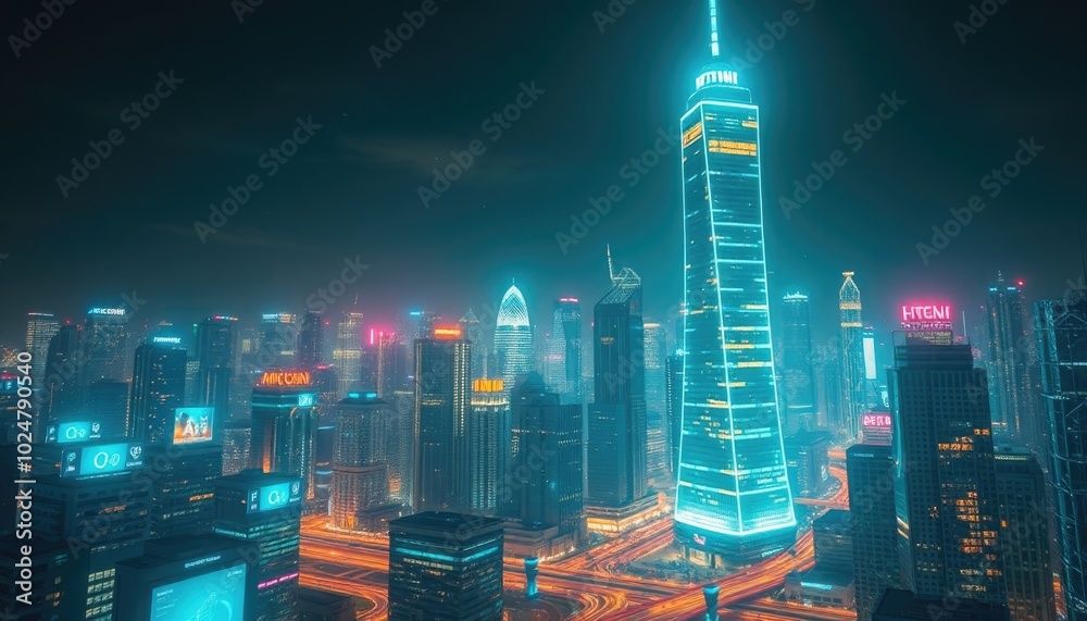 AI-driven city with glowing skyscrapers and holographic ads, showcasing ...