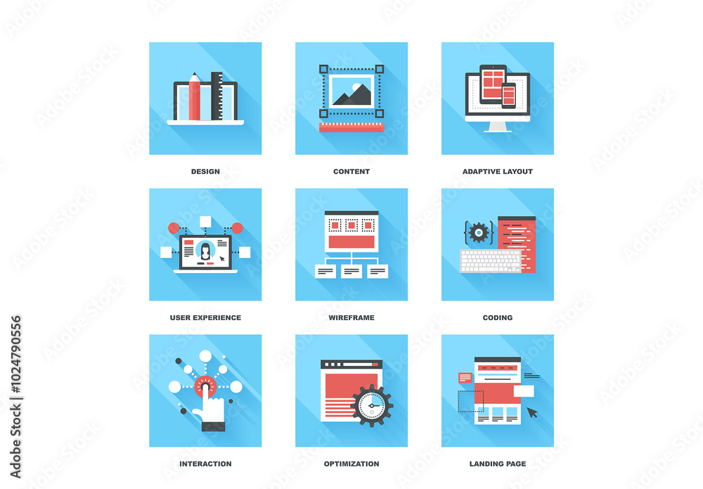 Vector set of flat web development icons on following themes - design ...