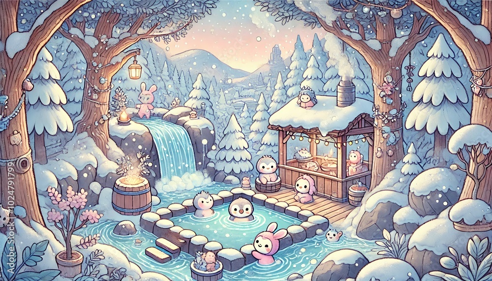 Animal friends enjoying an open-air hot spring in a snowy, magical ...