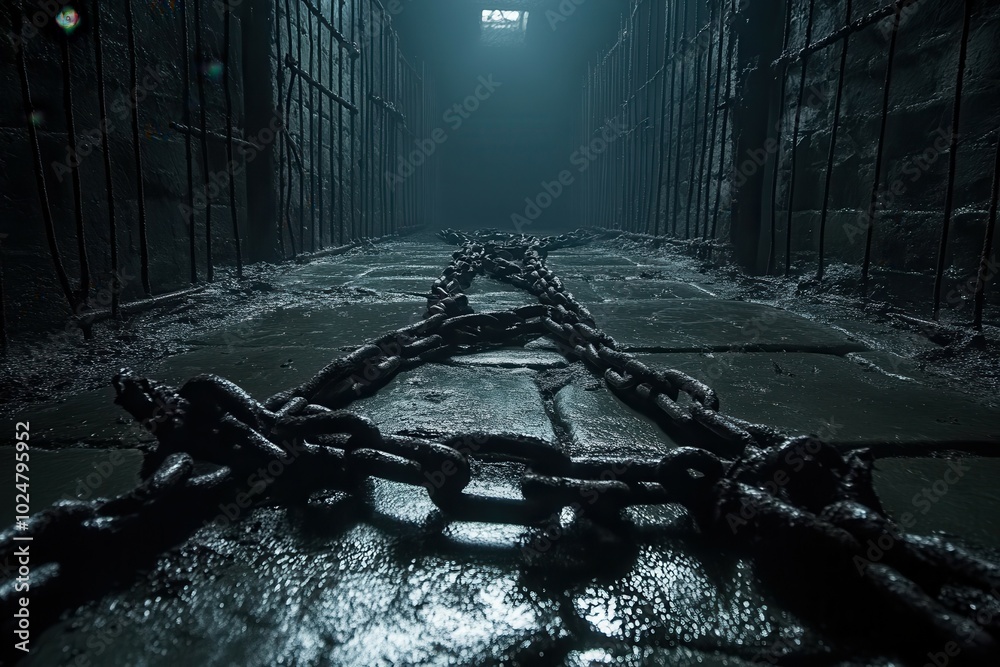 In a dark, eerie dungeon corridor, heavy chains lie on the wet stone ...