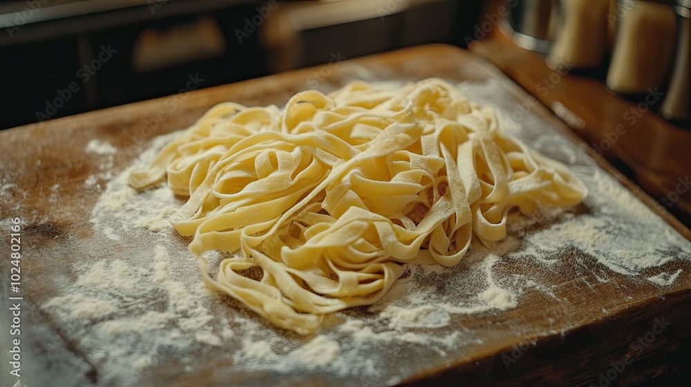 A simple, rustic display of raw pasta on a flour-dusted cutting board ...