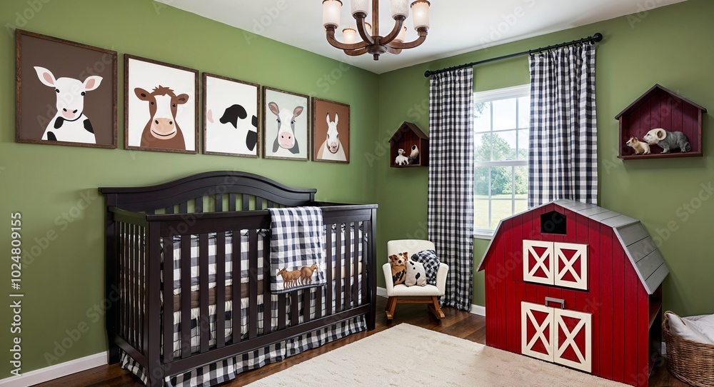 Farm themed nursery with barnyard animal prints a crib with plaid ...