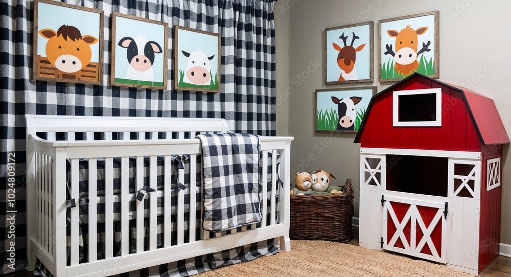 Farm themed nursery with barnyard animal prints a crib with plaid ...