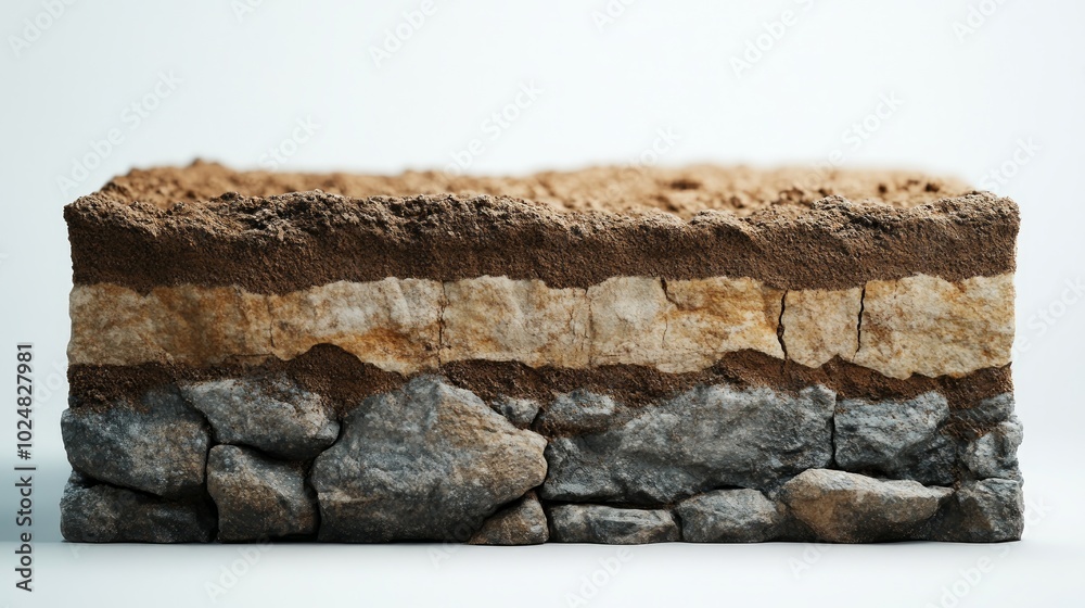 A cross-section of soil showing layers of dirt, rock, and gravel. Stock ...