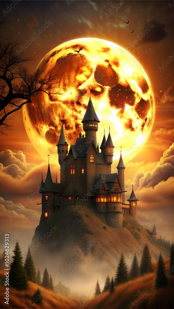 Scary Gothic castle on Halloween night, haunted palace or mansion for ...