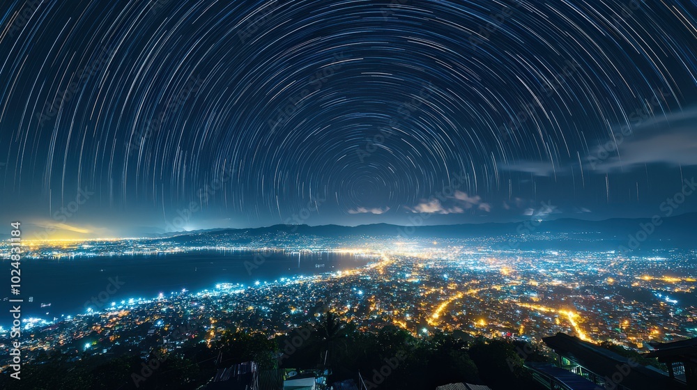 Star Trail. Night Sky Astrophotography with City Lights Motion Long ...