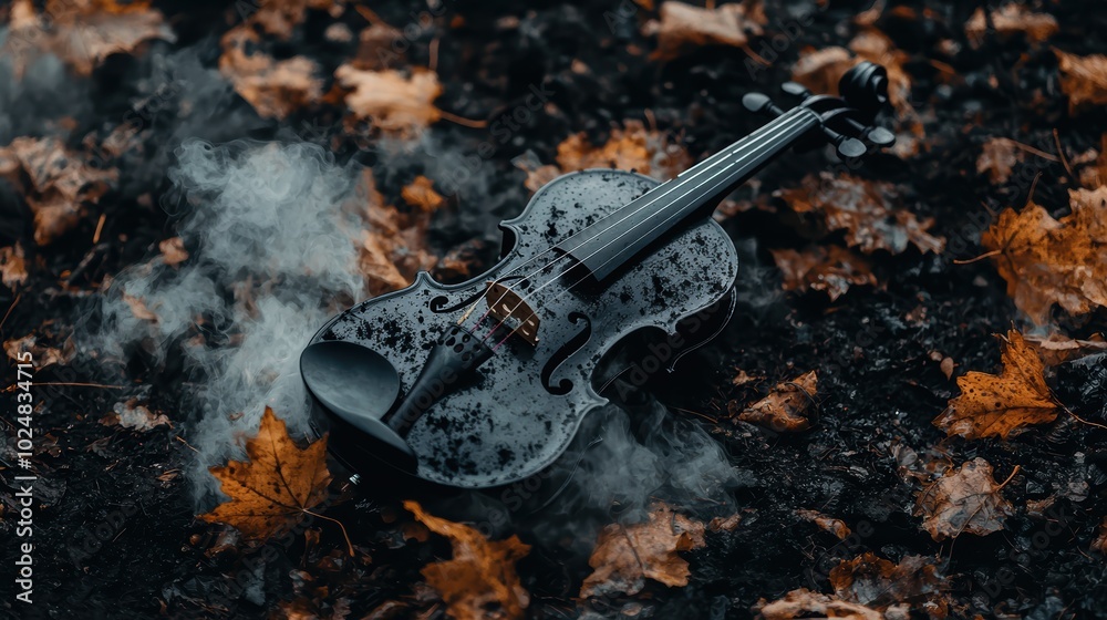 Haunted violin floating in air with spectral bow playing itself while ...