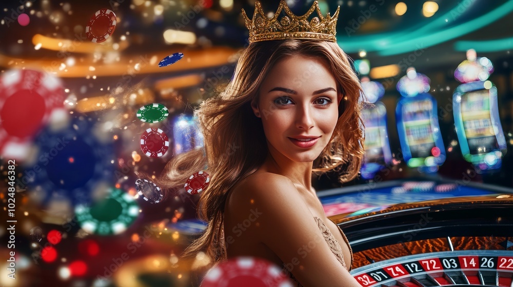 Beautiful woman winning at the casino, collaged over an artistic ...