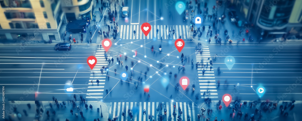 Digital lines and social interaction icons overlaying a busy crosswalk ...