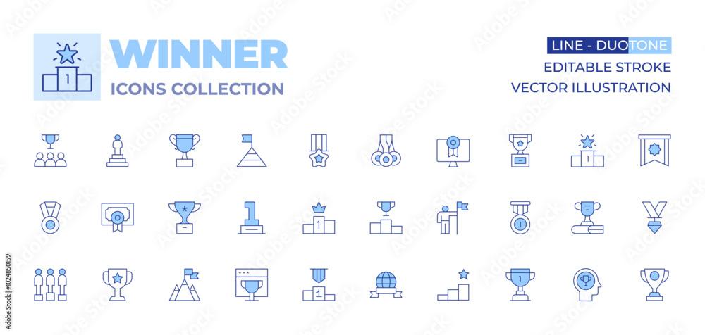 Winner icons collection. Line Duotone style, editable stroke. medals ...