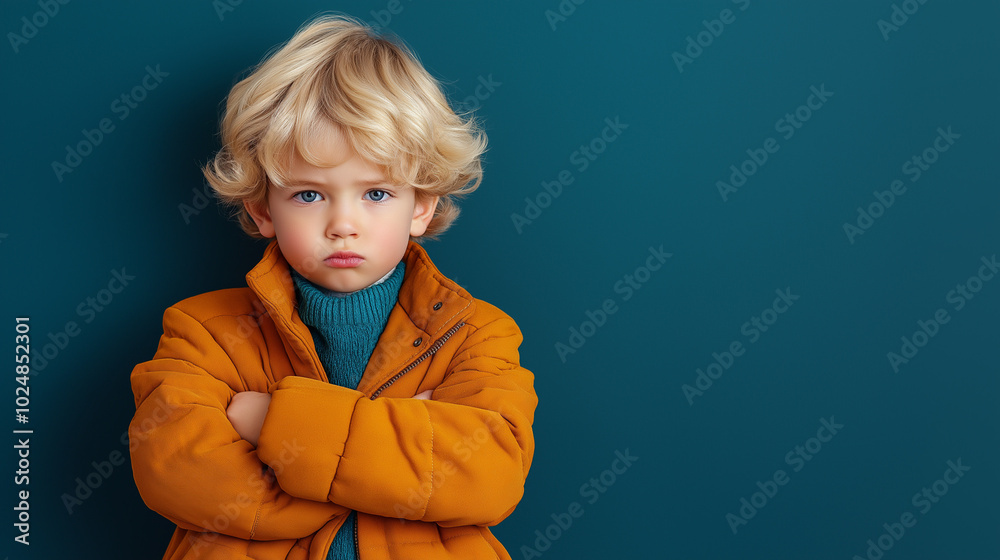 A young boy with blonde hair and blue eyes stares intently at the ...