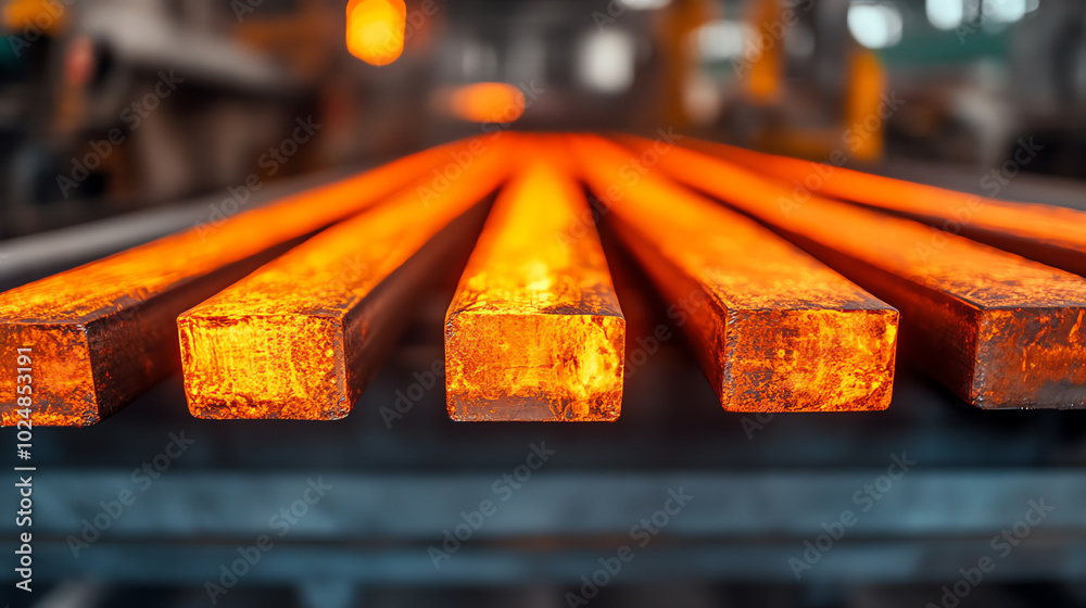Metal bars glowing with heat in a metalworking factory, showcasing the ...