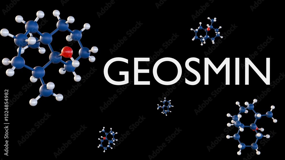 3d rendering of word "GEOSMIN" written in bold, 3D letters and chemical ...