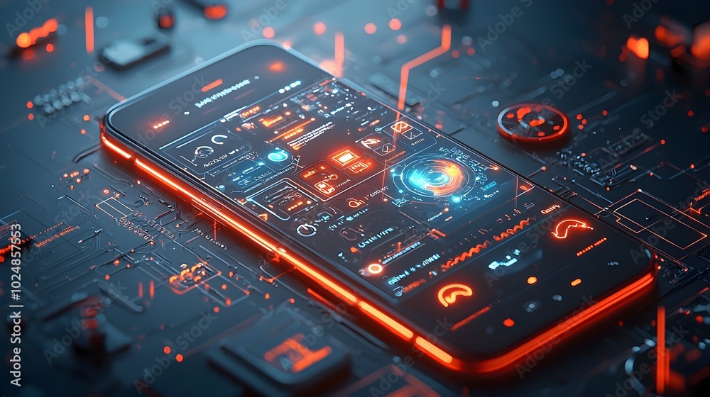 Glowing mesh like smartphone interface displaying a business ...