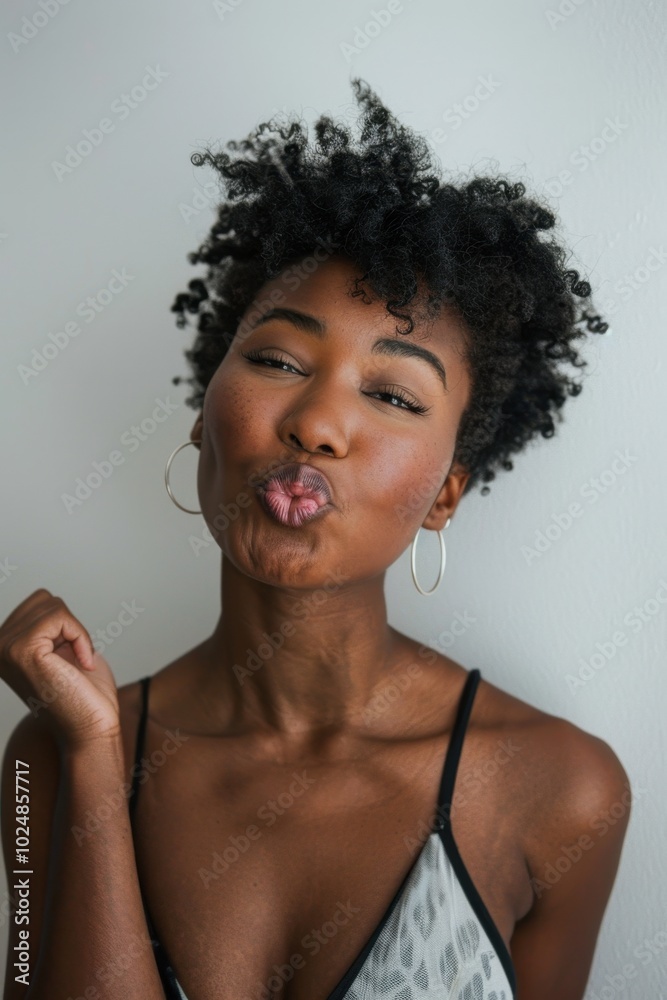 Young Black woman making a playful kissy face against a simple white ...