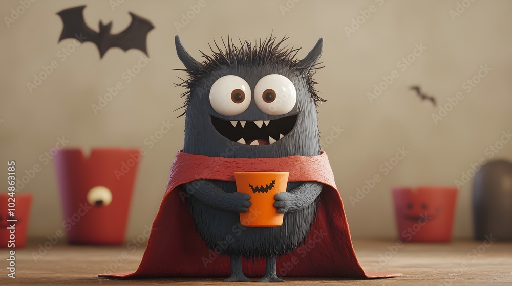 Playful 3D clay model of a vampire character with a red cape sharp ...